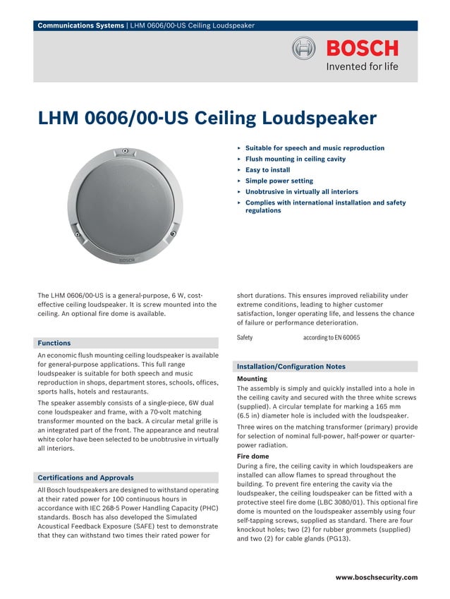 Bosch conferencing and public address systems lhm 0606-00-us data sheet ...