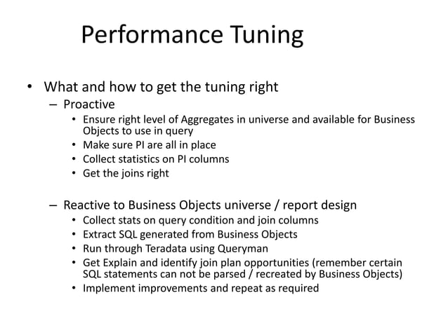 SAP BO and Teradata best practices | PPTX | Databases | Computer Software and Applications