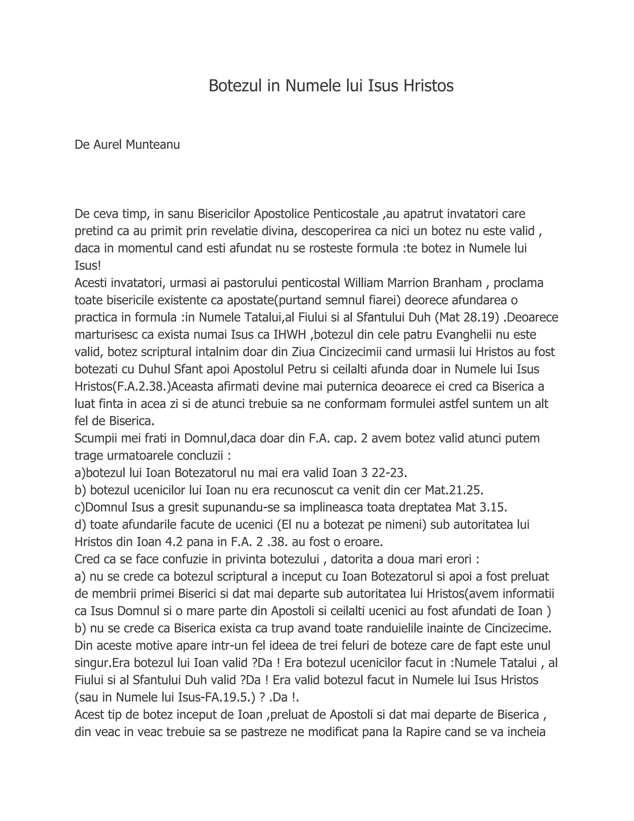 Botezul in numele lui isus hristos | DOCX