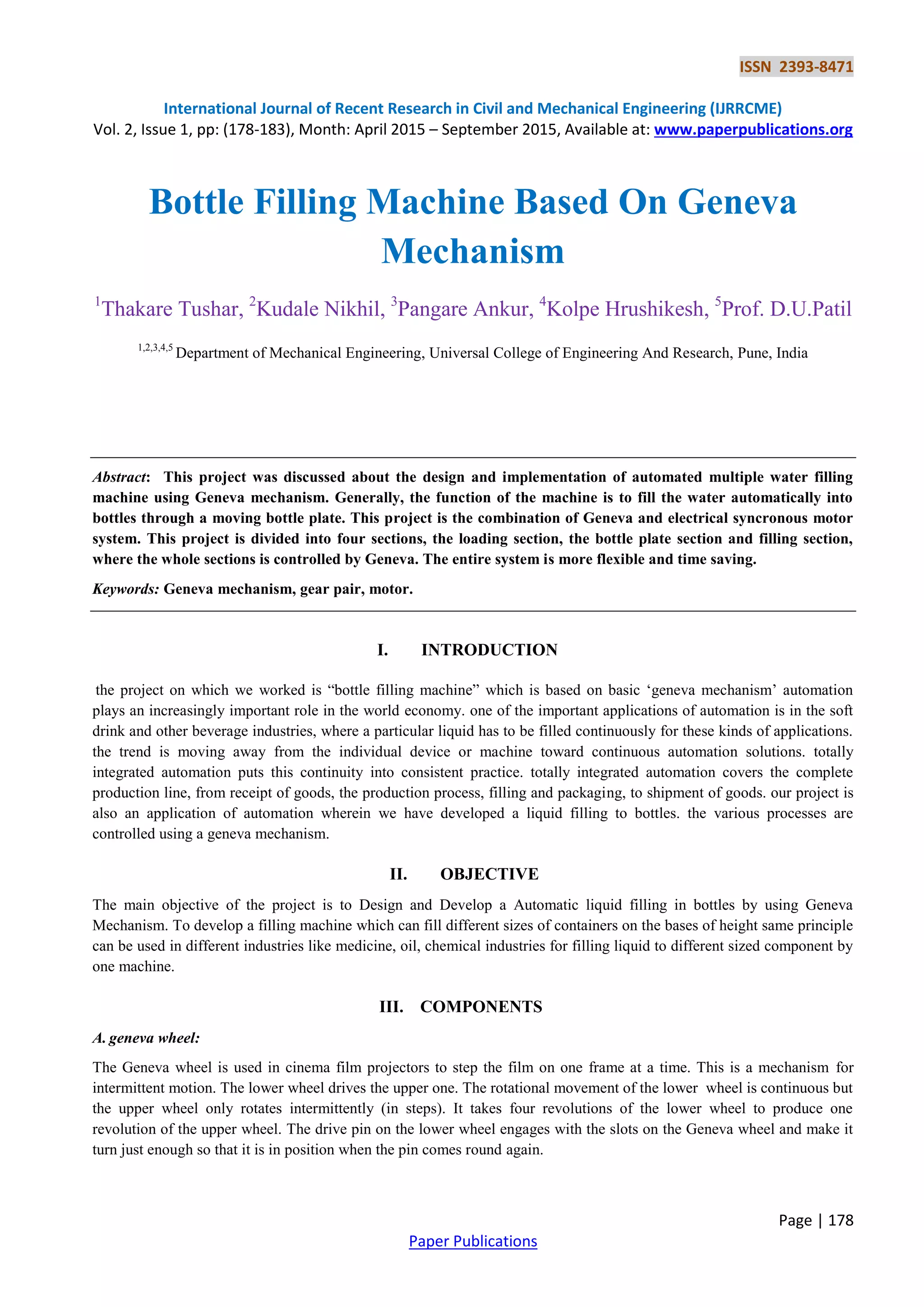 Bottle Filling Machine Based On Geneva Mechanism | PDF