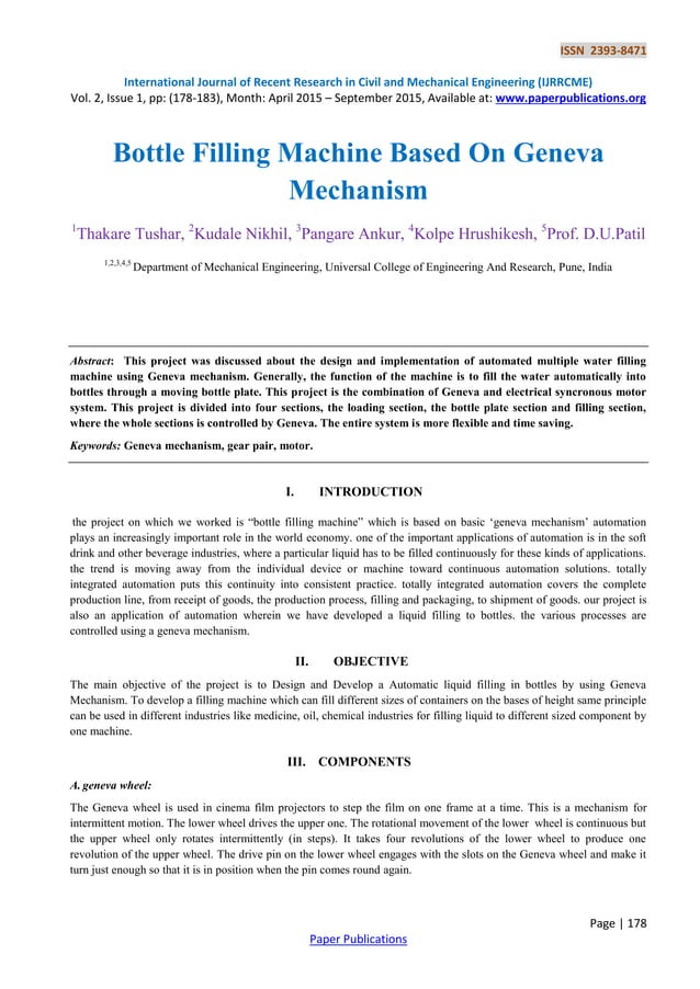 Bottle Filling Machine Based On Geneva Mechanism | PDF