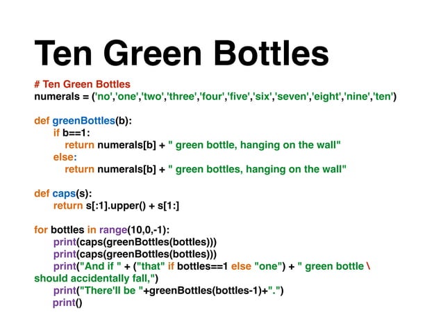 Coding with Counting Songs: “Ten Green Bottles” in Python | PDF | Programming Languages | Computing