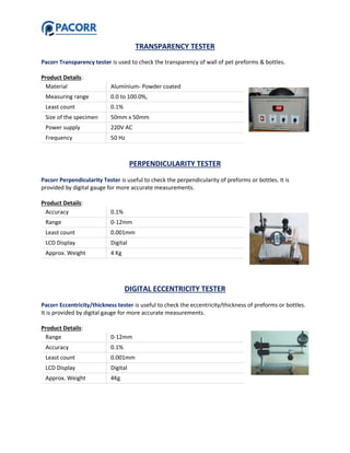 Bottles (pet, preform & glass) testing instruments | PDF
