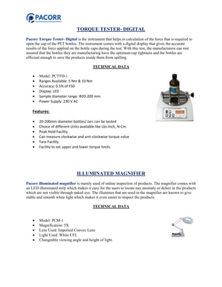 Bottles (pet, preform & glass) testing instruments | PDF