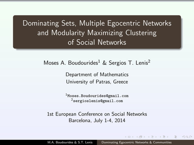 Short version of Dominating Sets, Multiple Egocentric Networks and Modularity Maximizing ...
