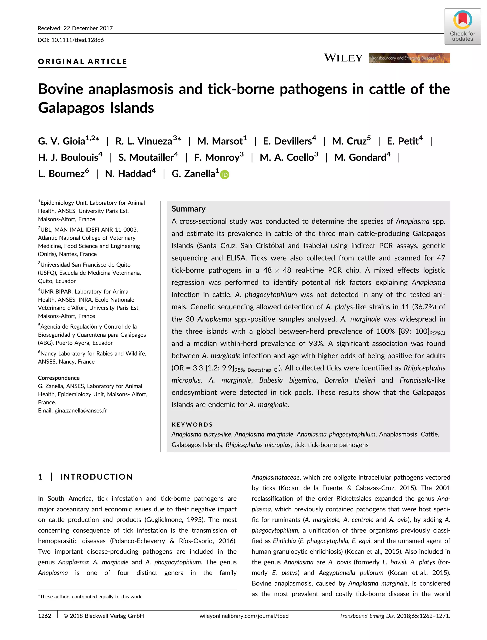 Bovine anaplasmosis and tick borne pathogens in cattle of the galapagos ...