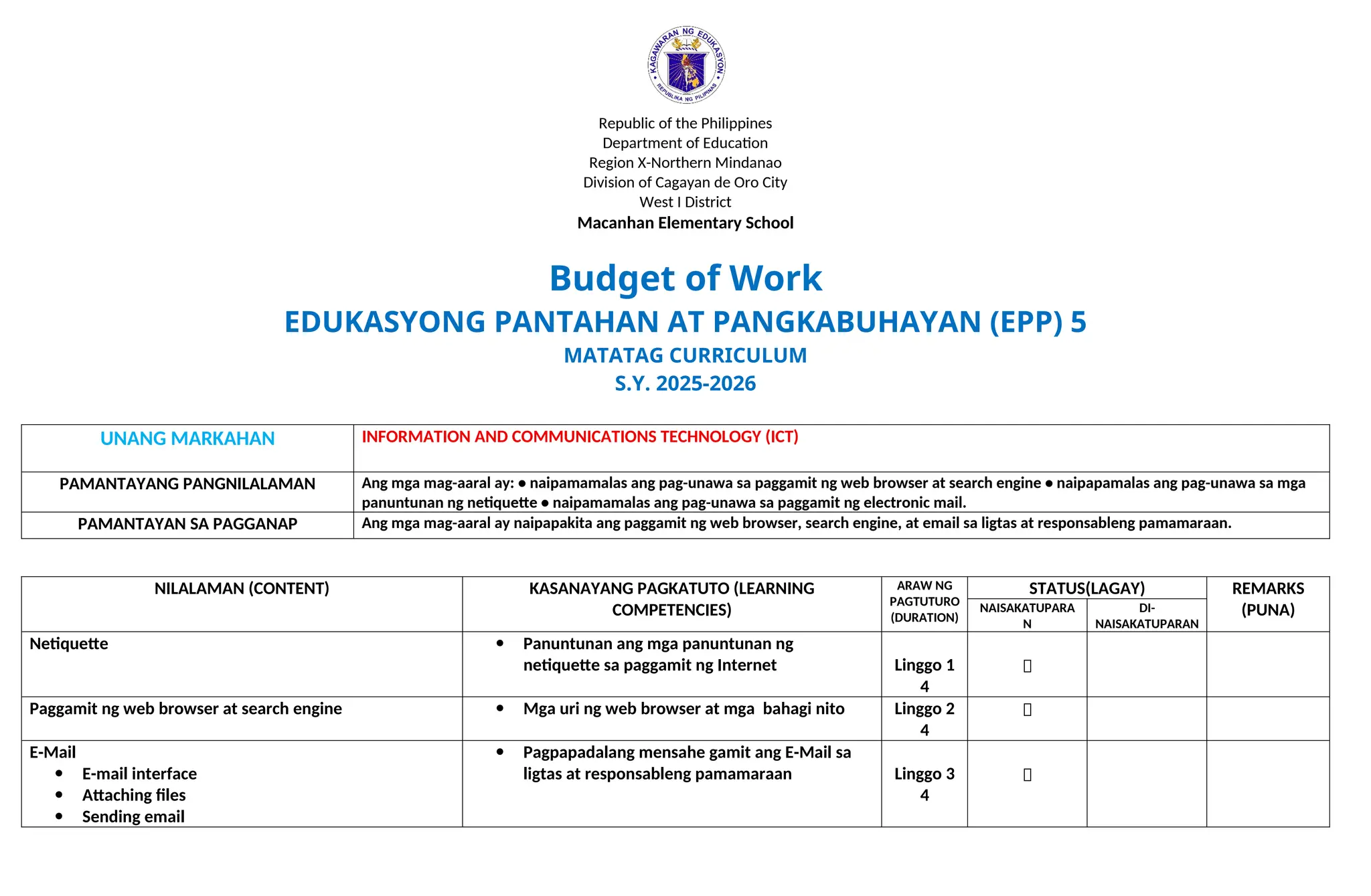 BUDGET OF WORKS -EPP-5-MATATAG LESSON EXEMPLAR | DOCX