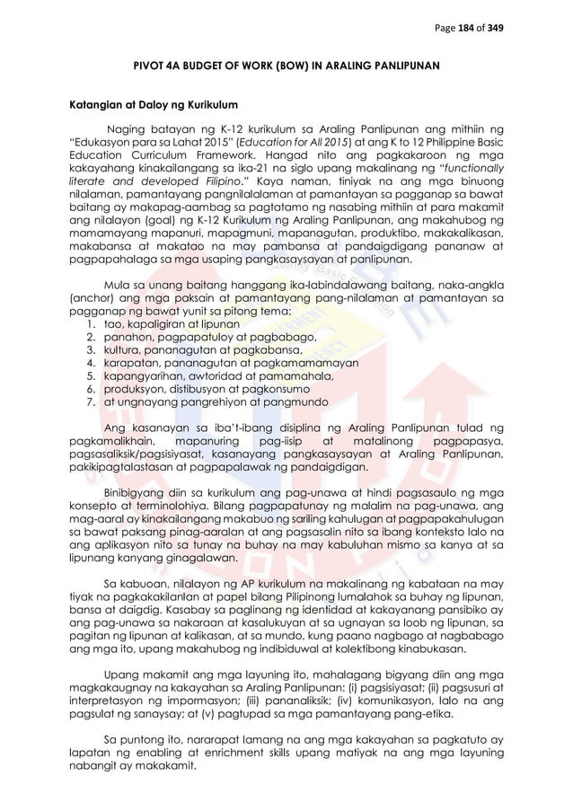 BOW in AP.pdf.araling Panlipunan budget of work | PDF