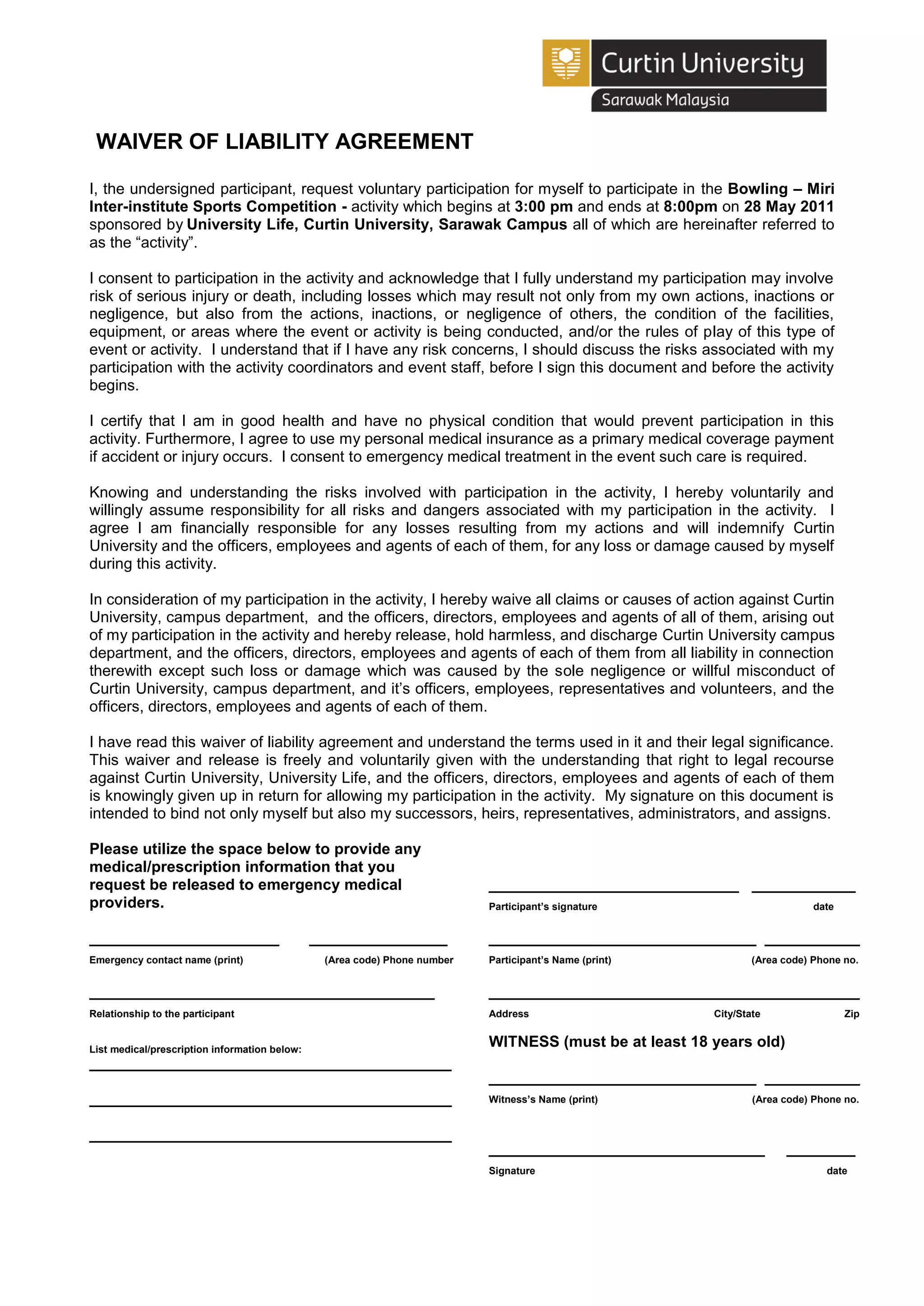 Bowling waiver of liability agreement | PDF