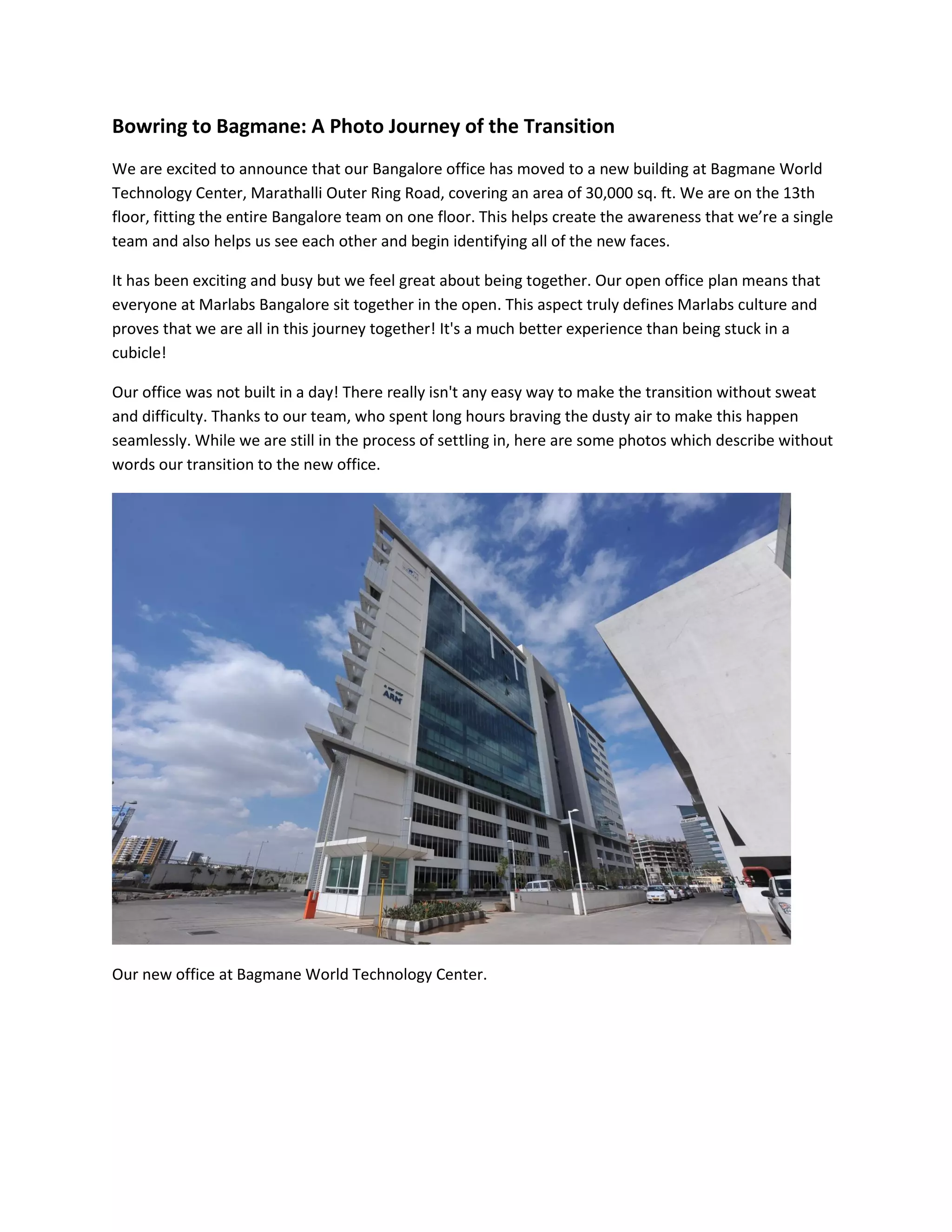 Review on Marlabs New Office at Bagmane World Trade Center, Bangalore | PDF