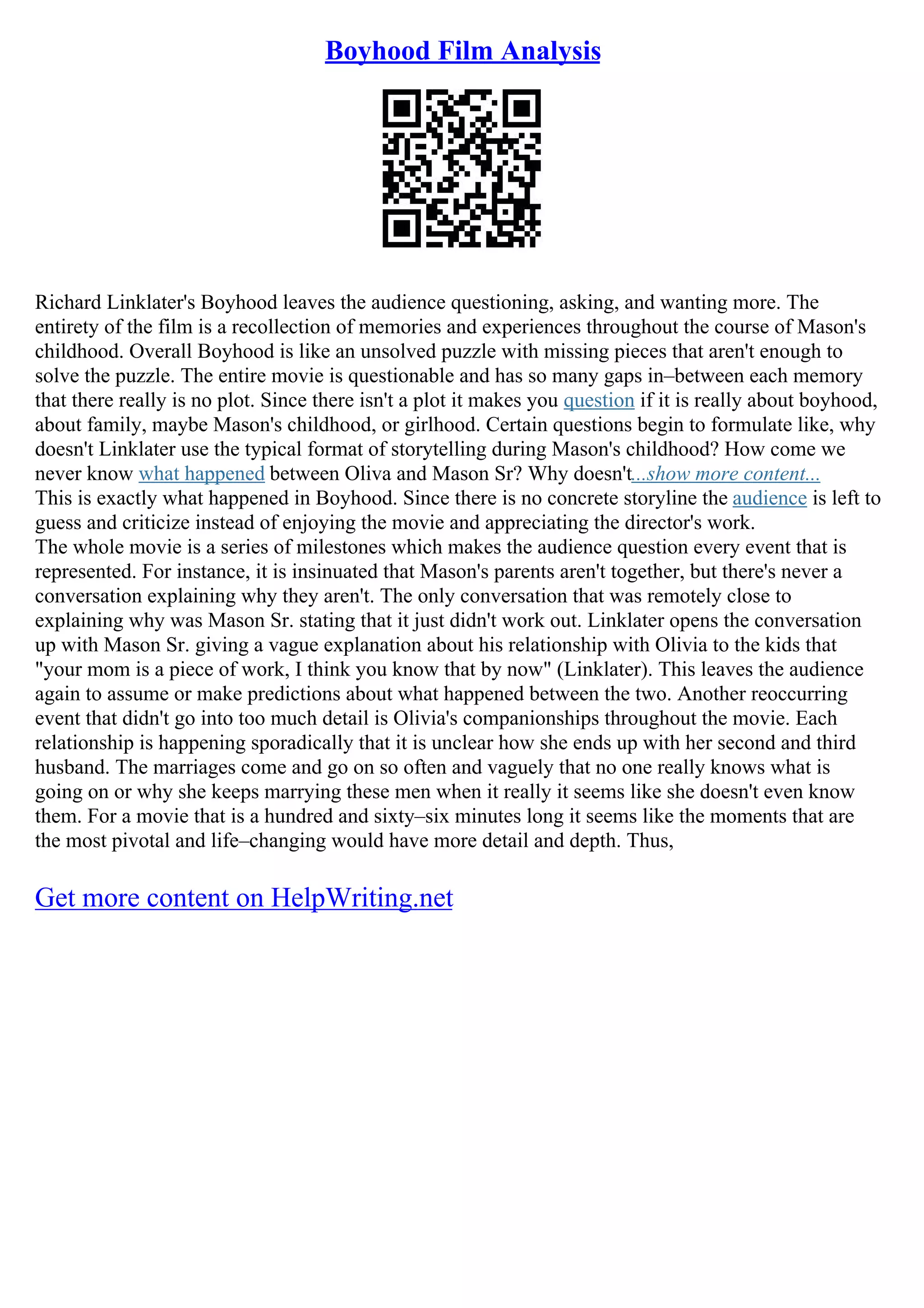 Boyhood Film Analysis | PDF