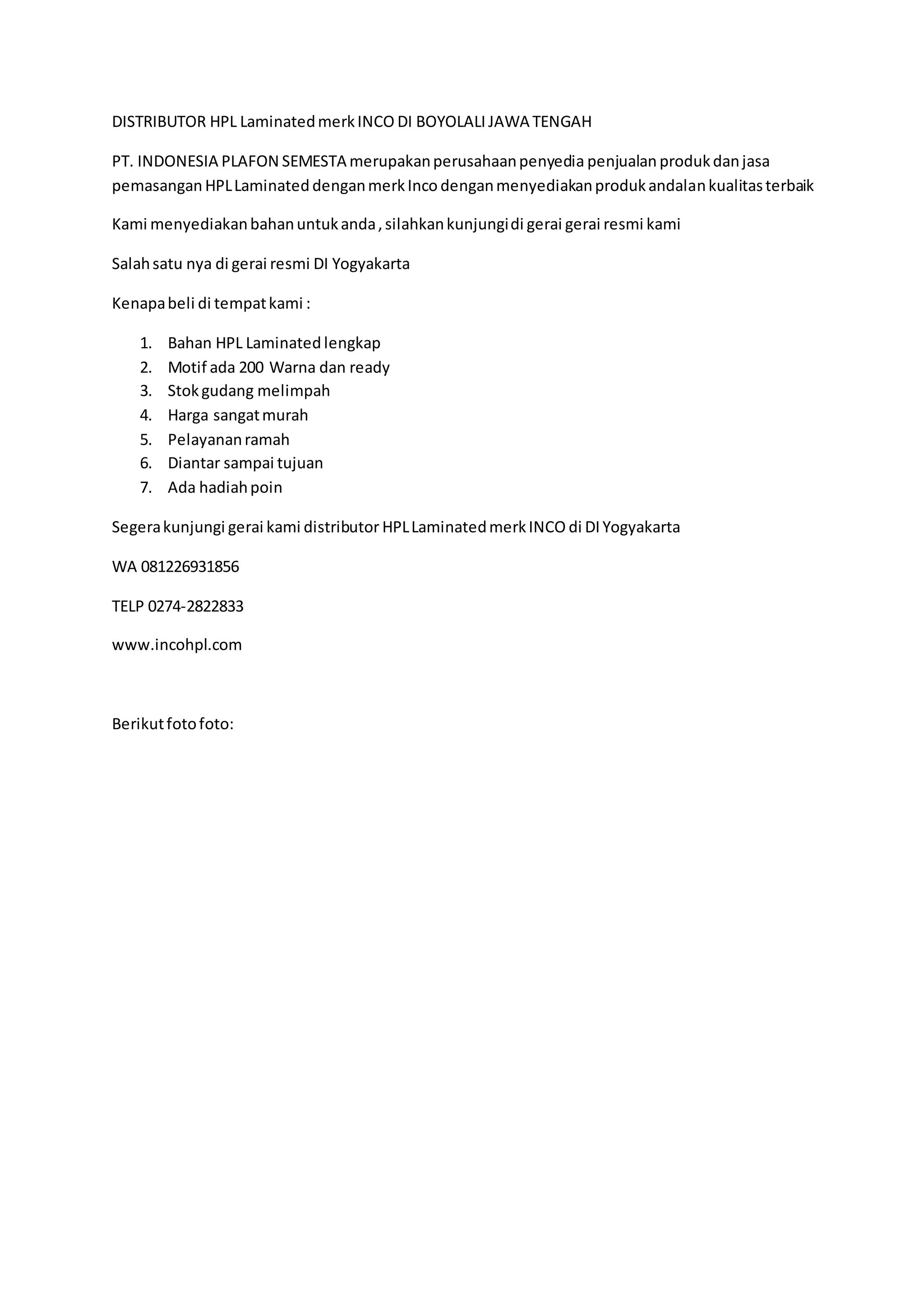 DISTRIBUTOR HPL Laminated merk INCO DI BOYOLALI JAWA TENGAH | DOCX