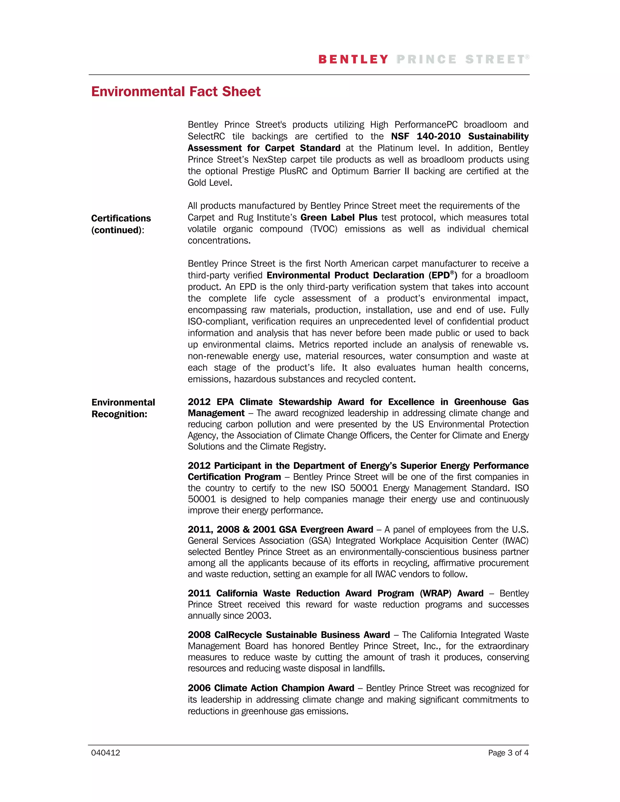 Bentley Prince Street Environmental Fact Sheet | PDF