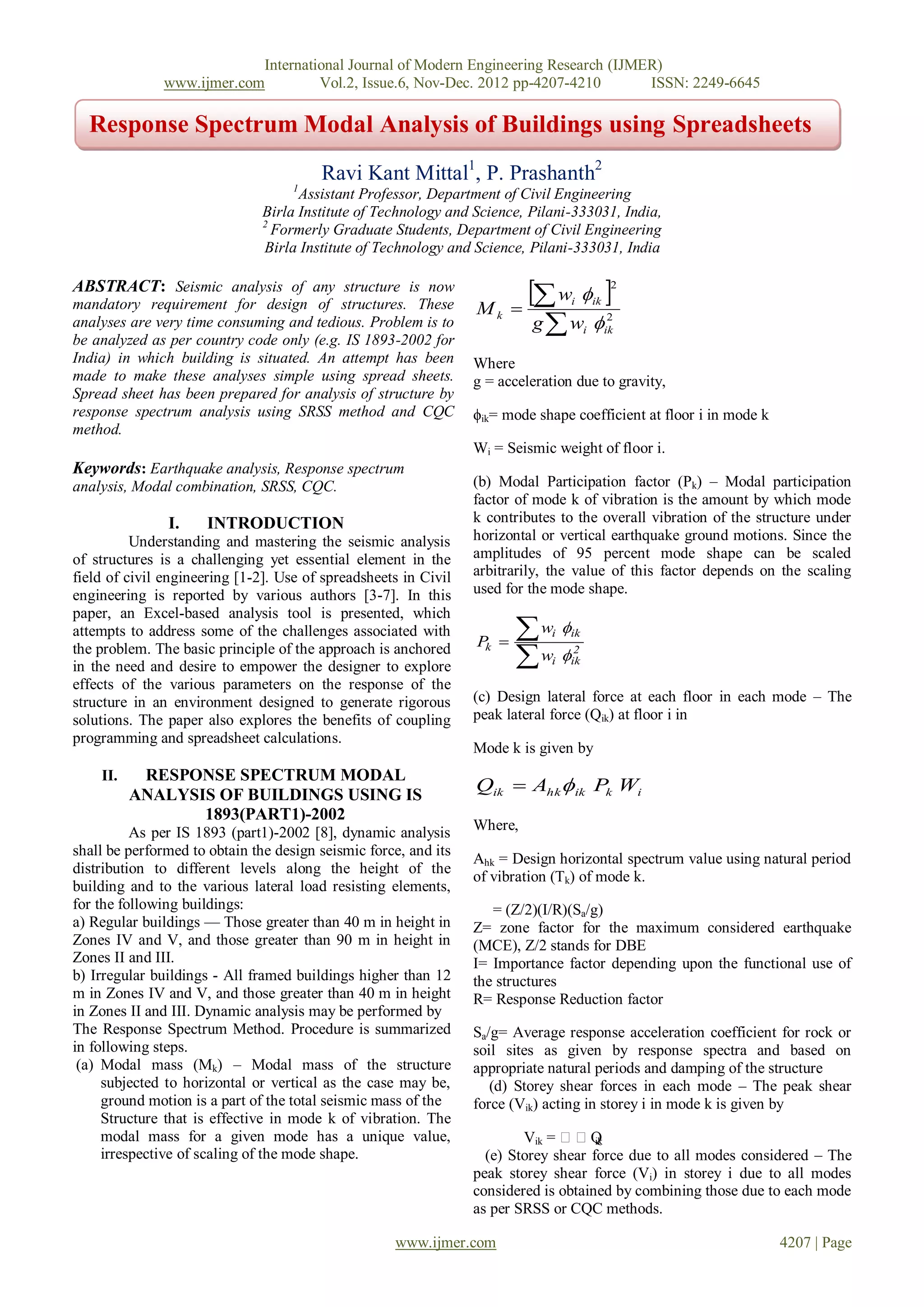 Response Spectrum Modal Analysis Of Buildings Using Spreadsheets Pdf