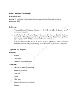 Experiment No. 2 To synthesis and submit chlorobutanol. | PDF