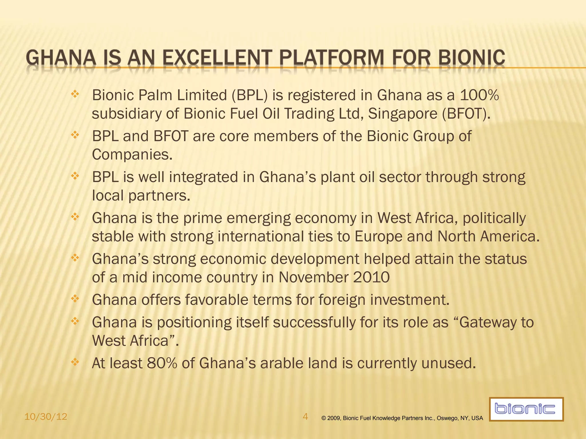 Bionic Palm Ltd. Ghana, Sustainable oil & food farming | PPT