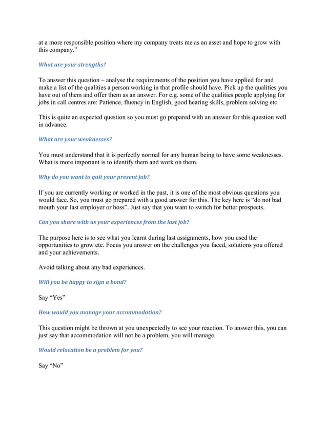 Bpo interview questions | PDF | Resume Writing and Advice | Job Search