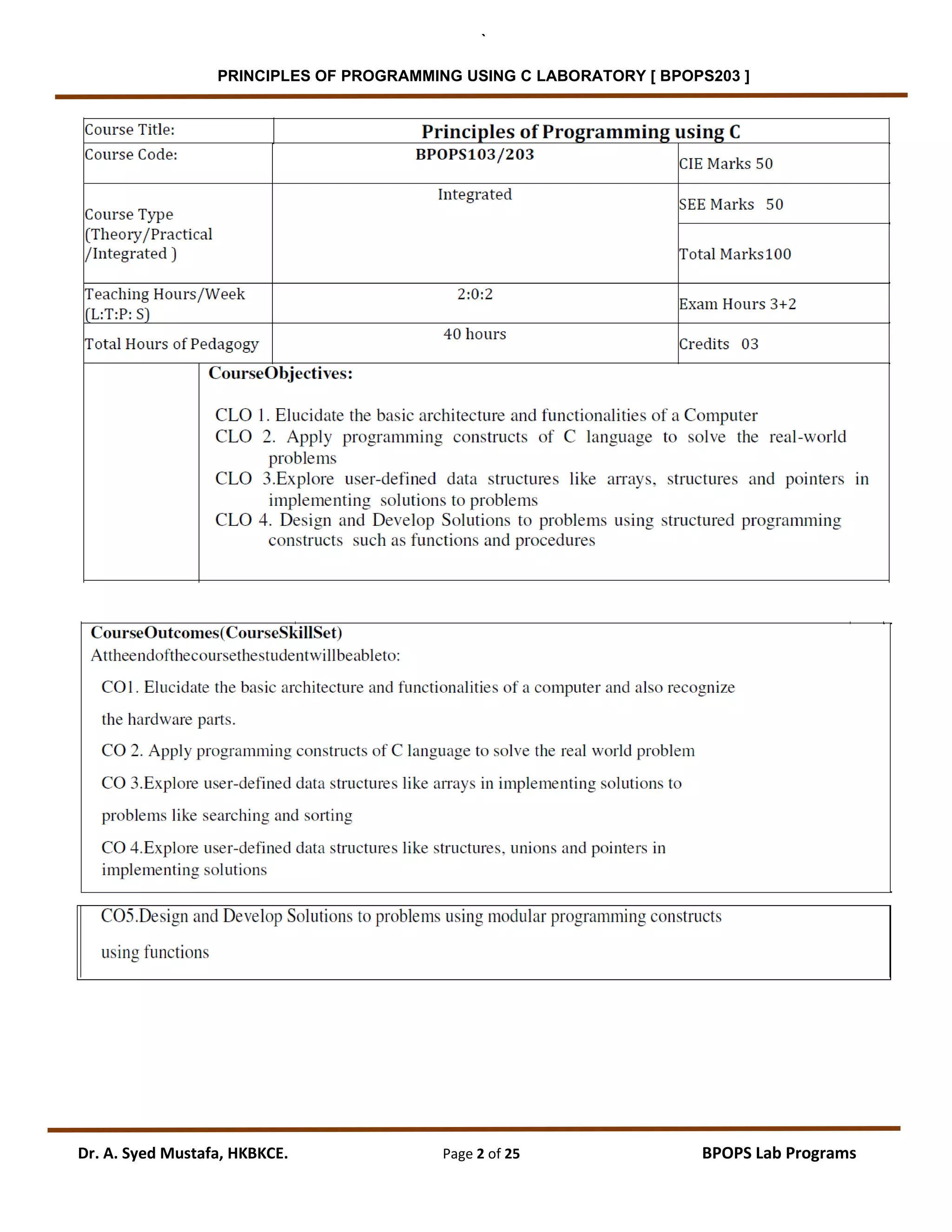 Bpops203 Principles Of Programming Using C Lab Manualpdf Programming
