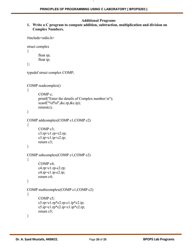 BPOPS203 PRINCIPLES OF PROGRAMMING USING C LAB Manual.pdf | Programming Languages | Computing