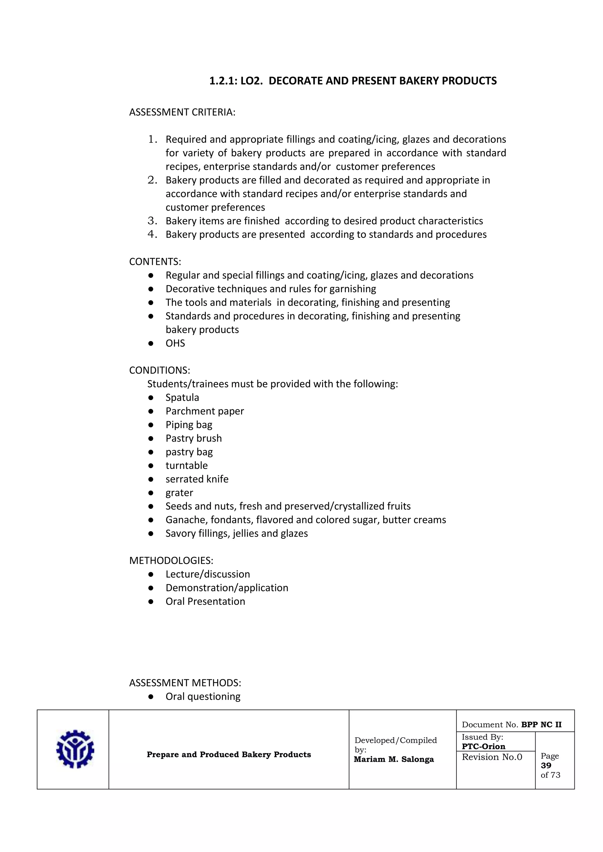 BPP CBLM Core 1 Prepare and Produce Bakery Poducts (2).docx | Desserts and Baking | Food & Drink