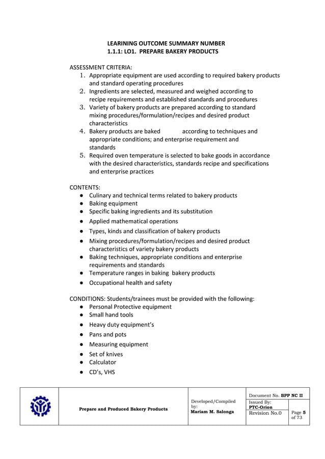 BPP CBLM Core 1 Prepare and Produce Bakery Poducts (2).docx | Desserts and Baking | Food & Drink