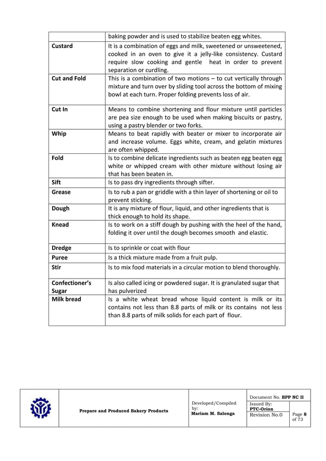 BPP CBLM Core 1 Prepare and Produce Bakery Poducts (2).docx | Desserts and Baking | Food & Drink