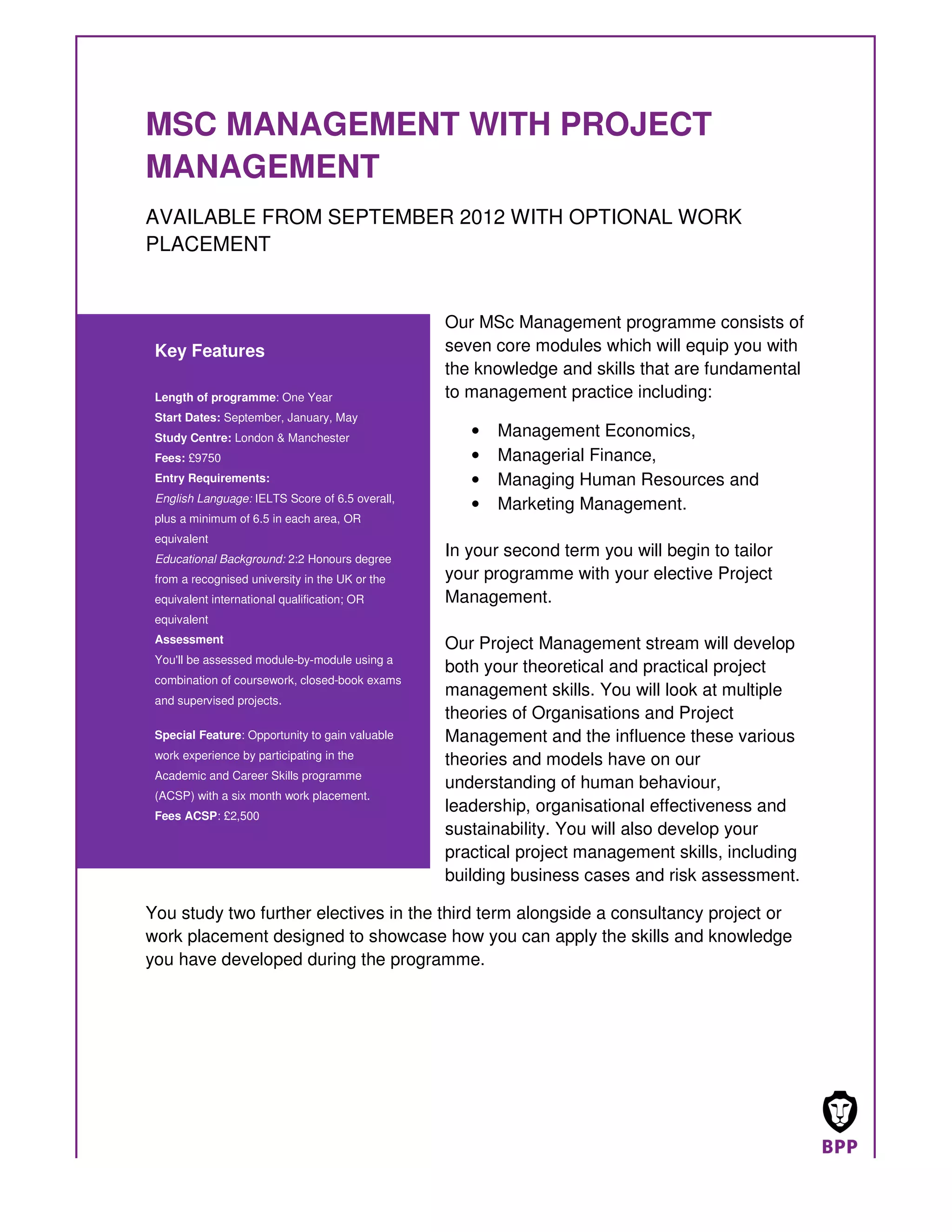 Bpp m sc management with project management | PDF