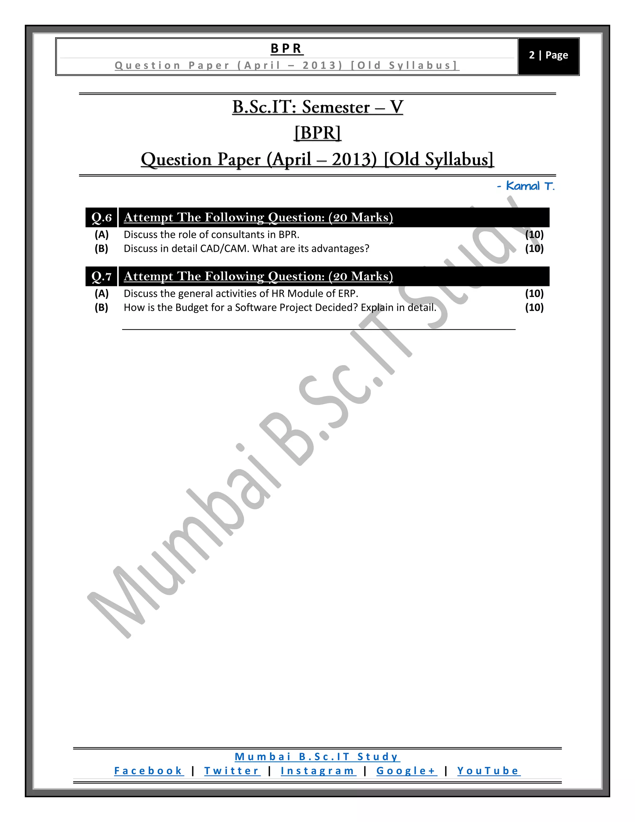[Question Paper] BPR (Old Syllabus) [April / 2013] | PDF