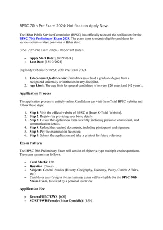 BPSC 70th pre exam Recruitment 2024 Apply now | PDF