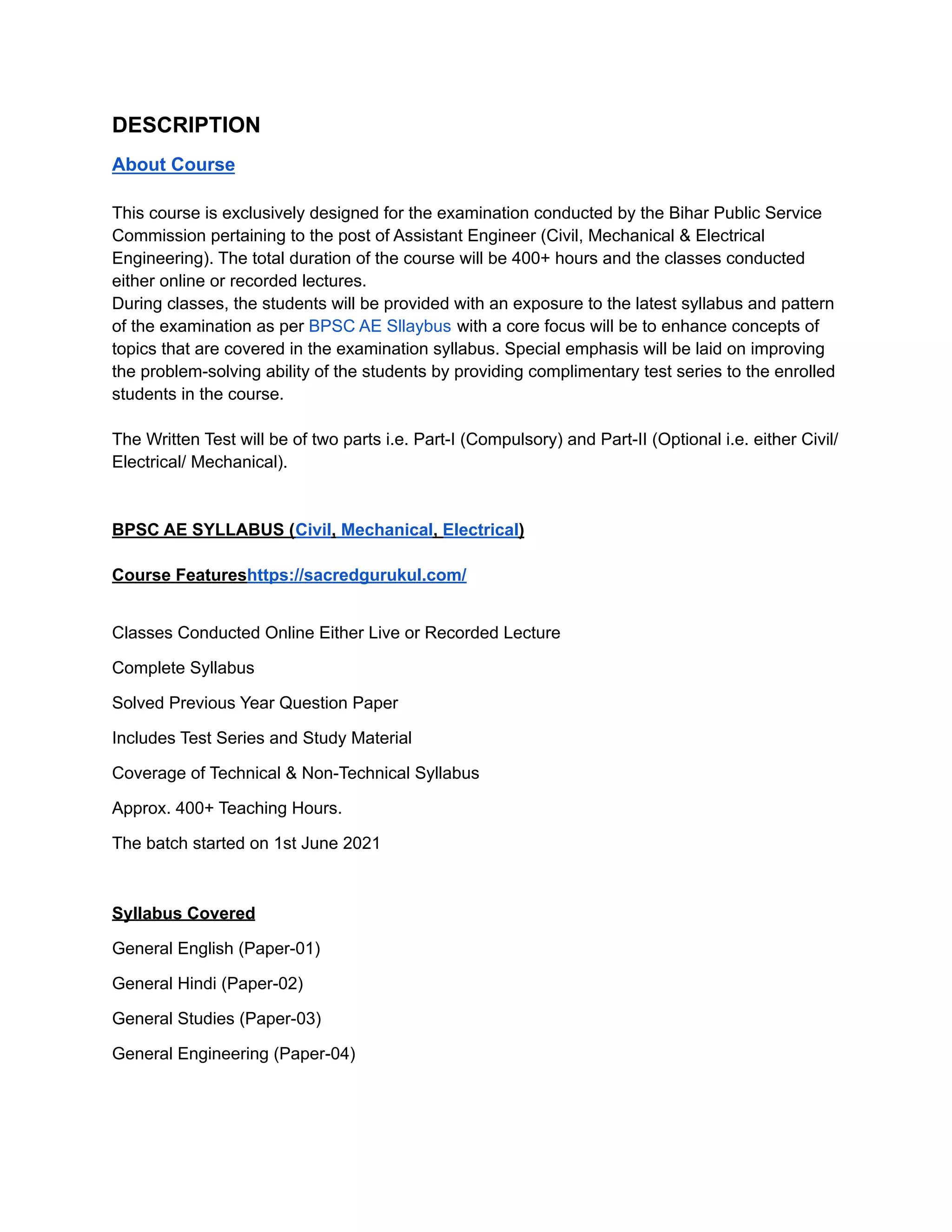 Bpsc ae syllabus (civil, mechanical, electrical) | PDF