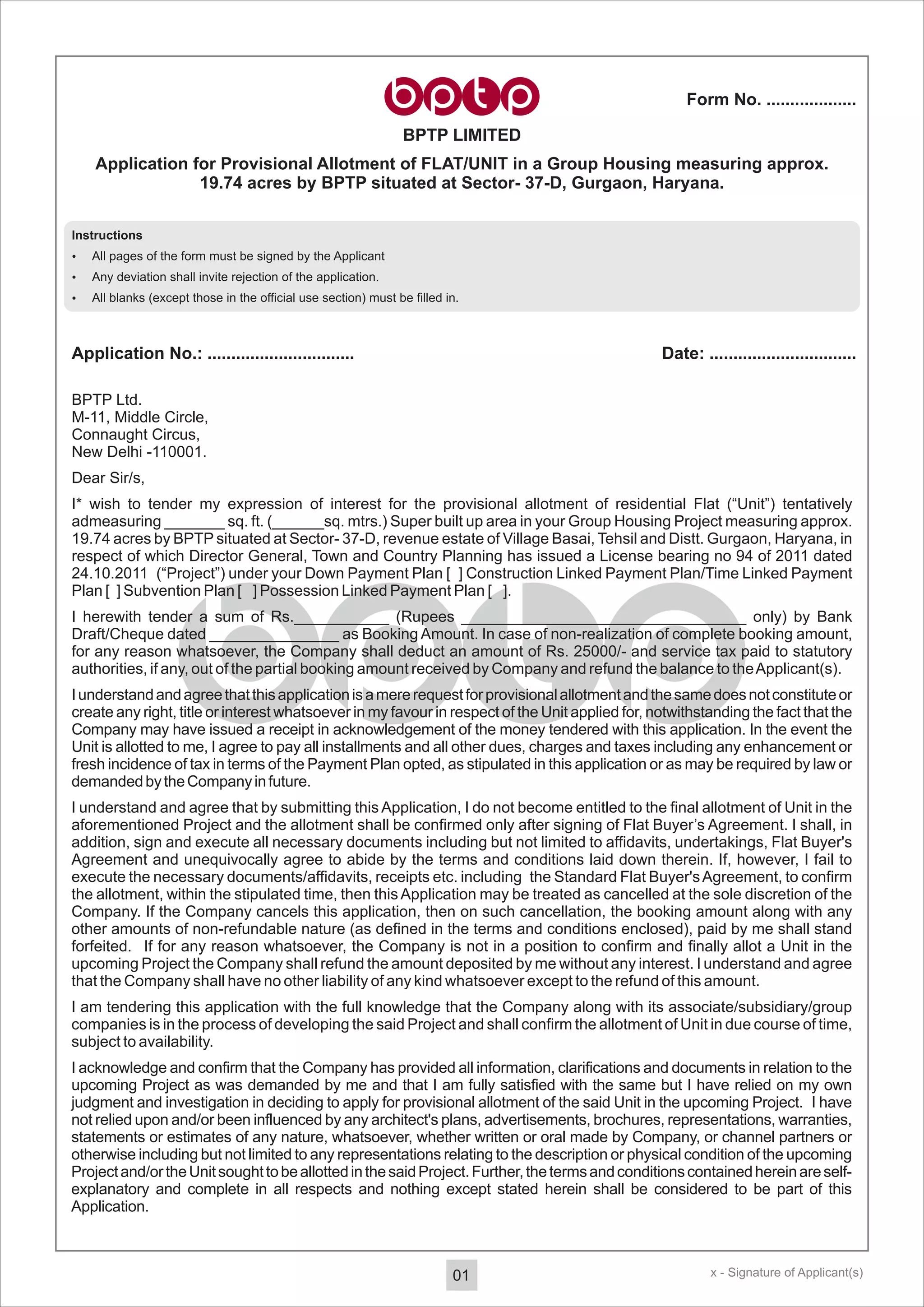 Bptp new-launch-sec-37d-gurgaon new-project_application_form_37-d ...