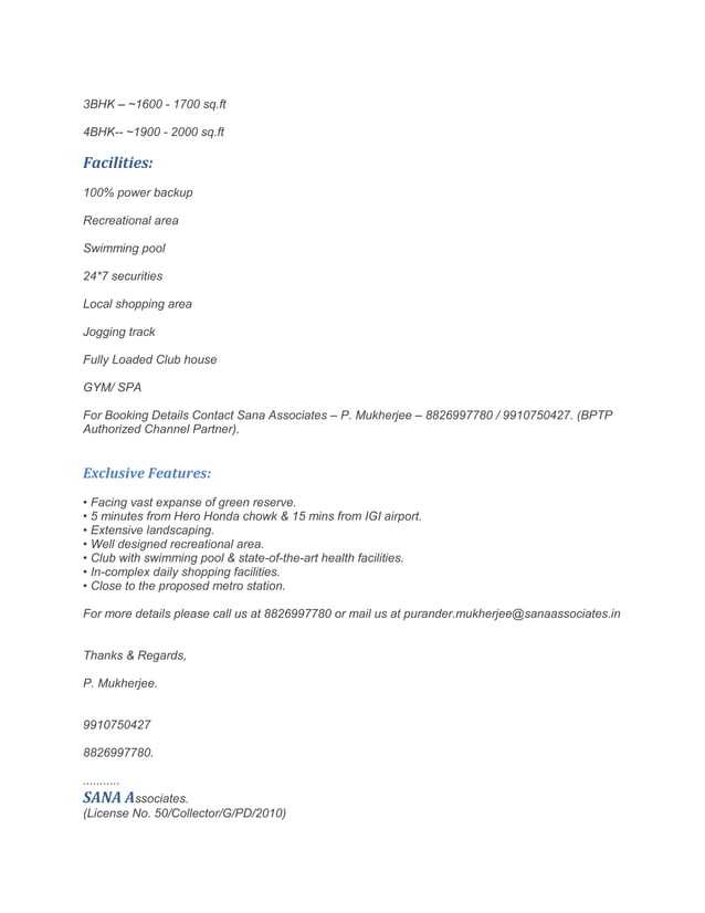 BPTP New Project in Sector 37D Gurgaon - Sana Associates. | PDF