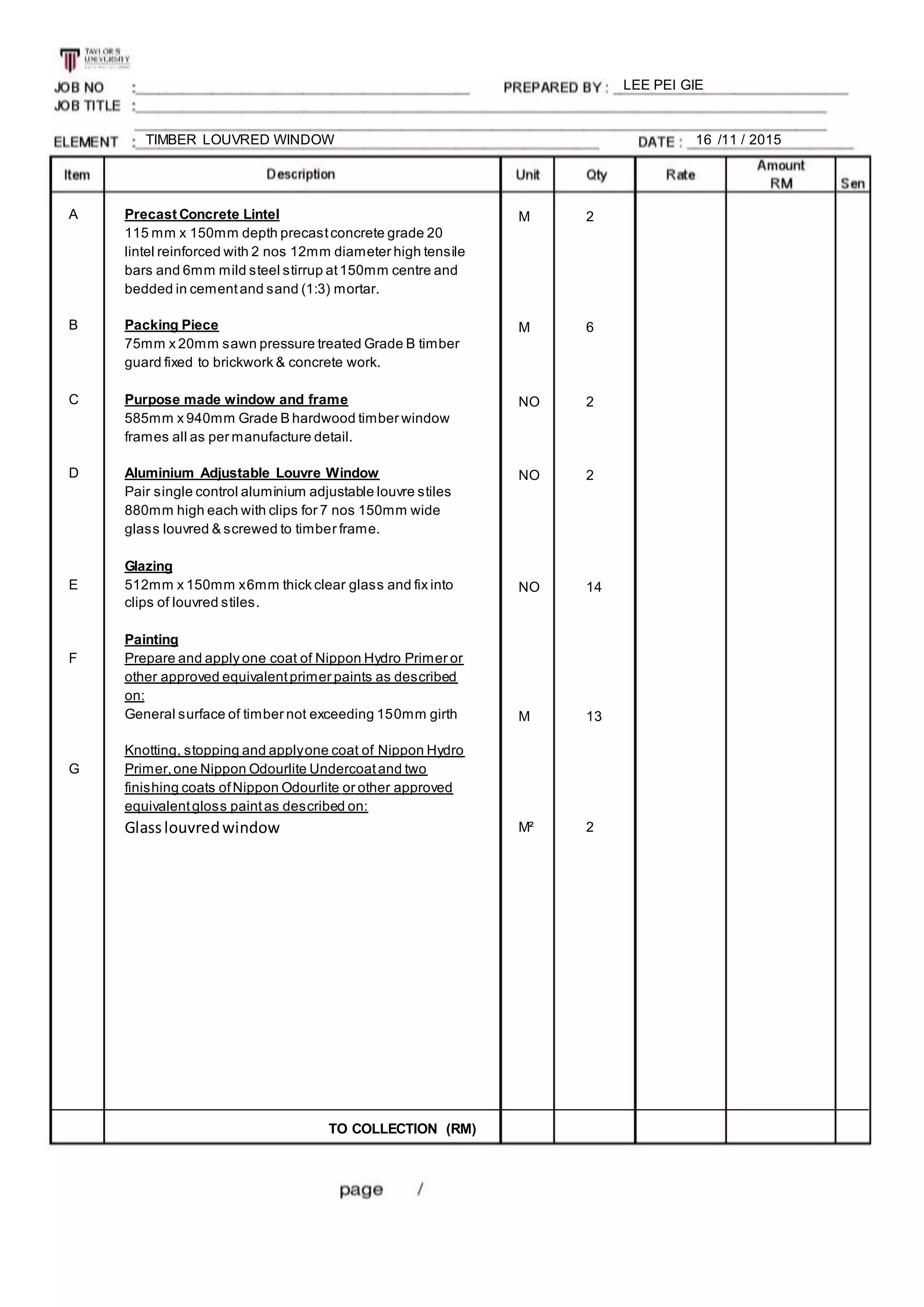 Bill of Quantities ( Door and Window ) | DOCX