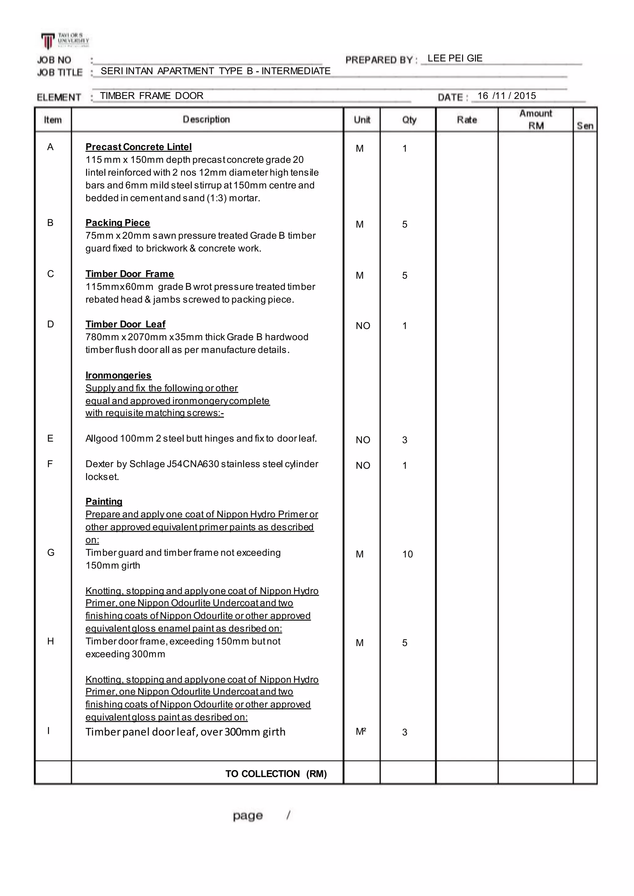 Bill of Quantities ( Door and Window ) | DOCX