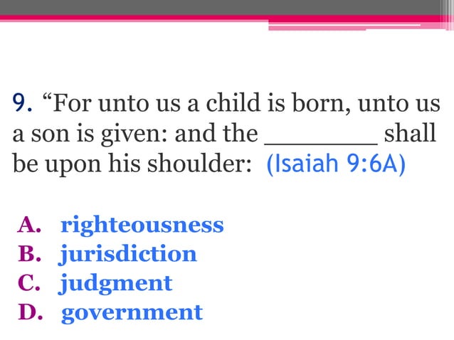 Bible Quiz: Isaiah 7-9 & Romans 13 to 16.pptx | Christianity | Religion ...