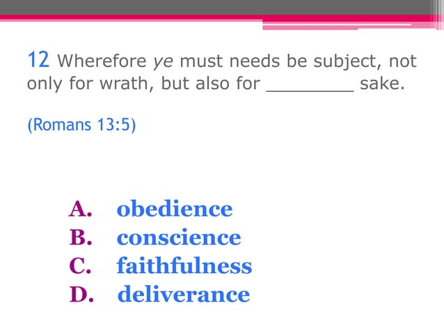 Bible Quiz: Isaiah 7-9 & Romans 13 to 16.pptx | Christianity | Religion ...