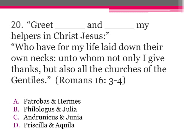 Bible Quiz: Isaiah 7-9 & Romans 13 to 16.pptx | Christianity | Religion ...