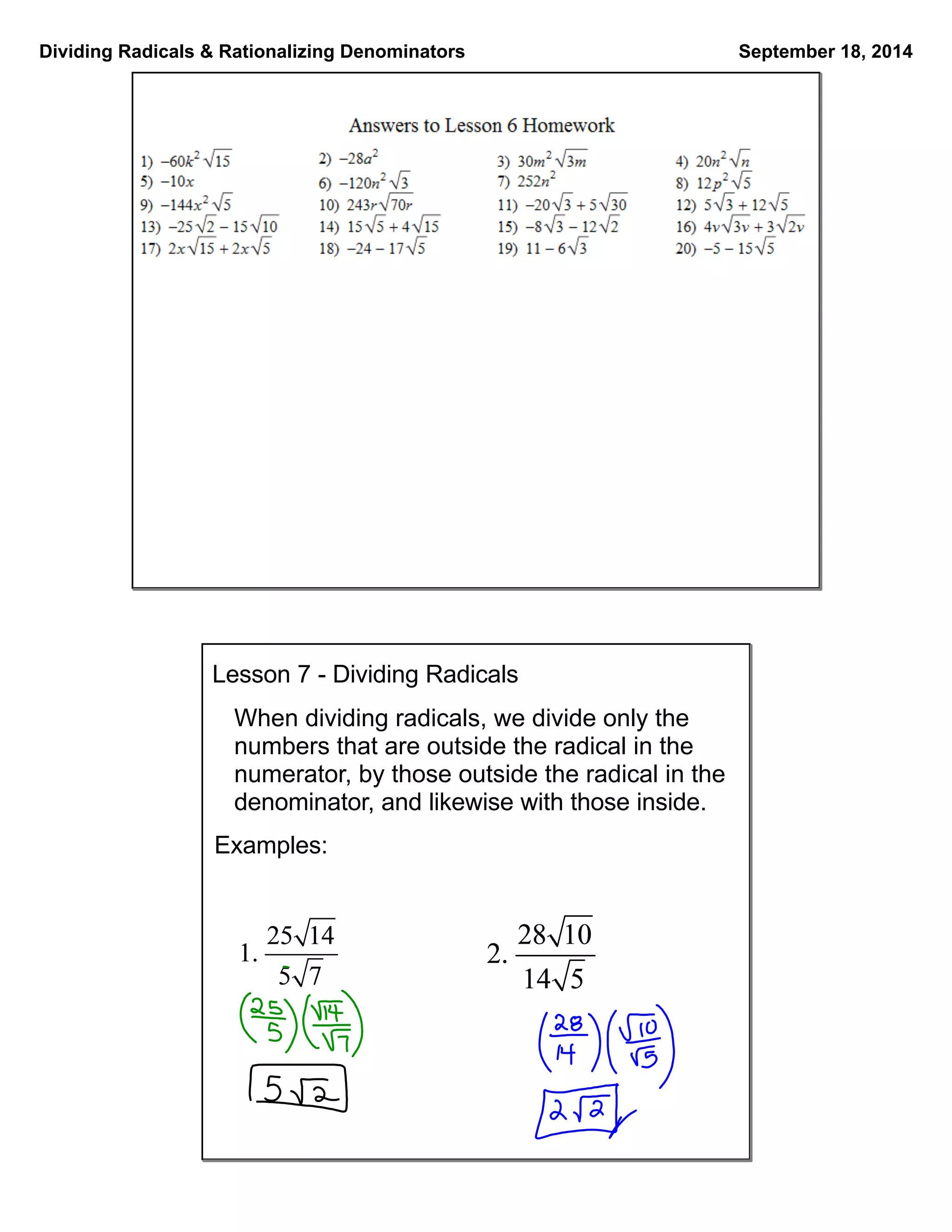 Dividing radicals & rationalizing denominators | PDF