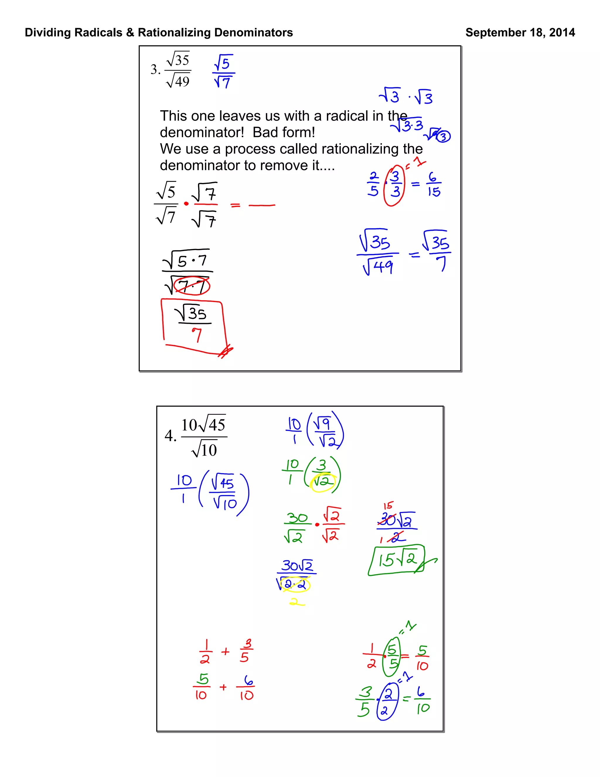 Dividing radicals & rationalizing denominators | PDF