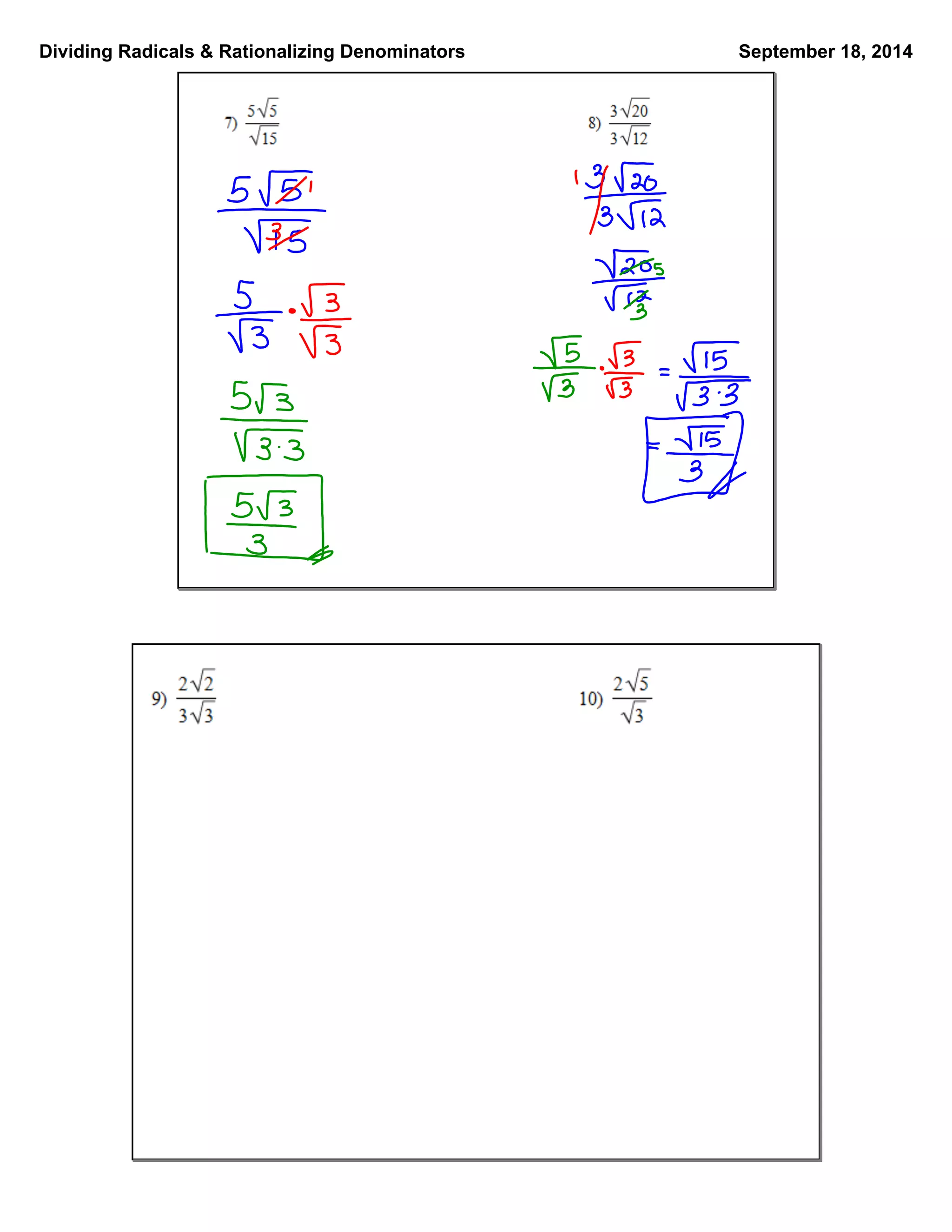 Dividing radicals & rationalizing denominators | PDF