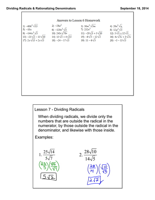 Dividing radicals & rationalizing denominators | PDF