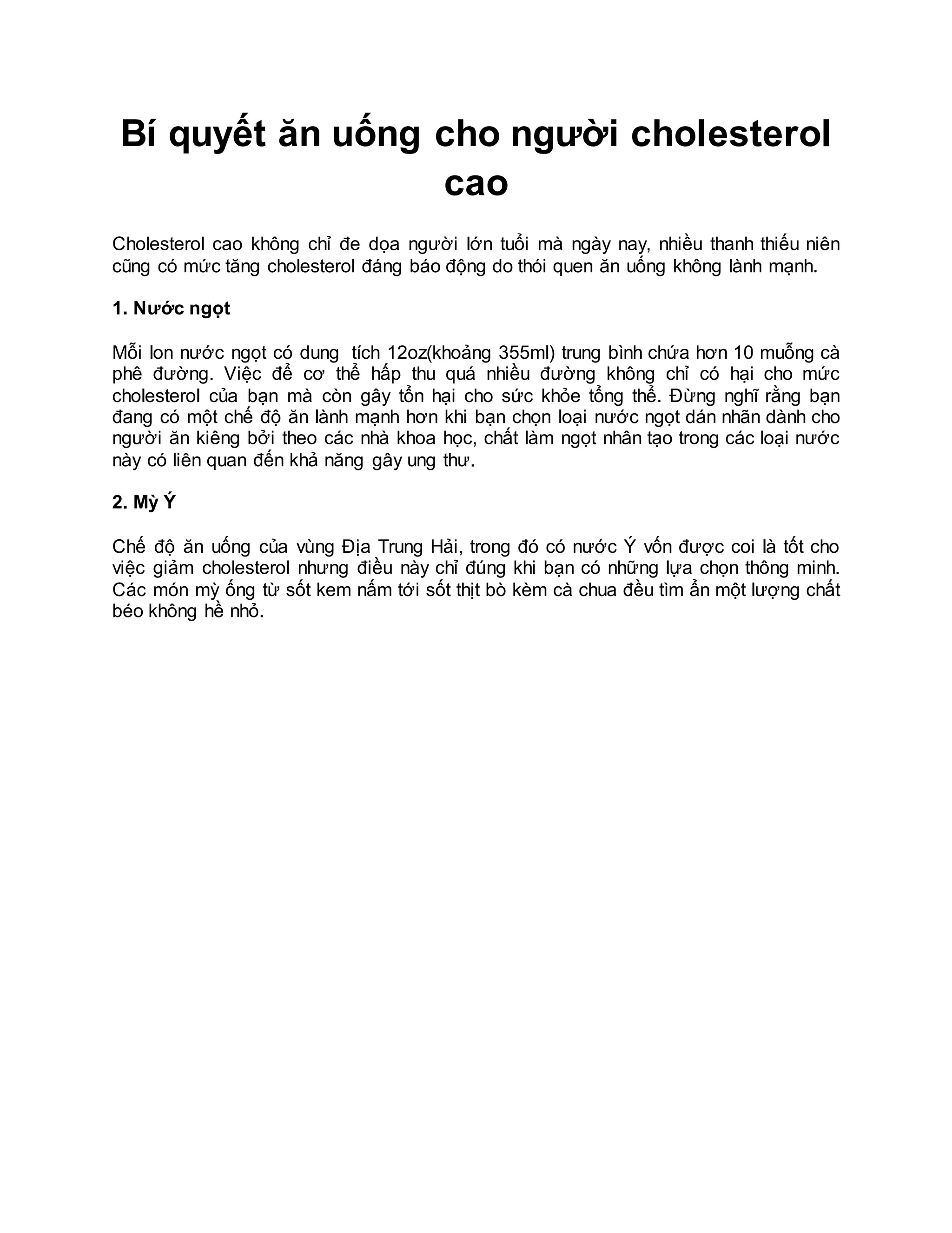 Bí quyết ăn uống cho người cholesterol cao | DOCX