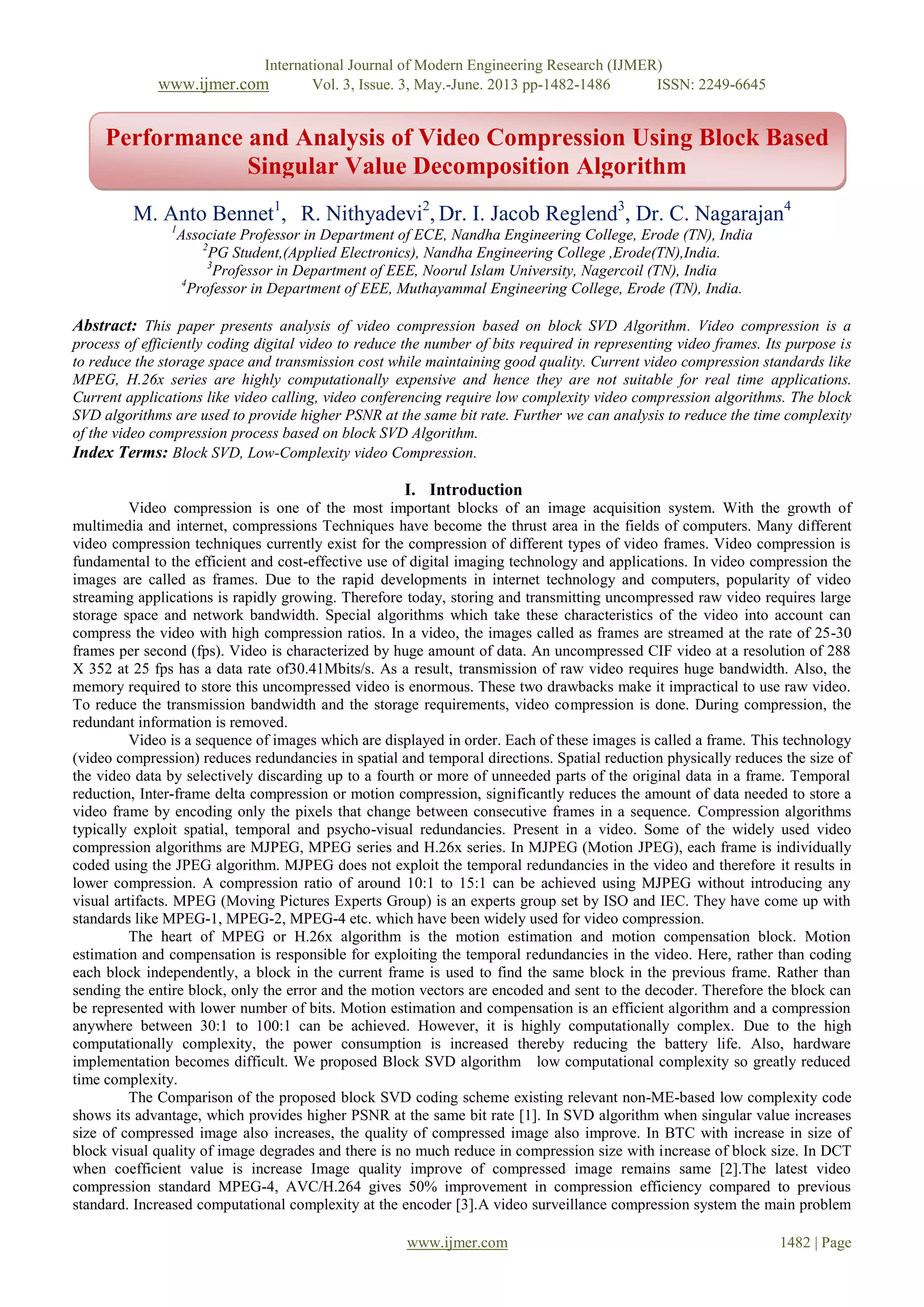 Performance and Analysis of Video Compression Using Block Based Singular Value Decomposition ...