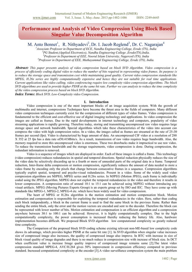 Performance and Analysis of Video Compression Using Block Based Singular Value Decomposition ...