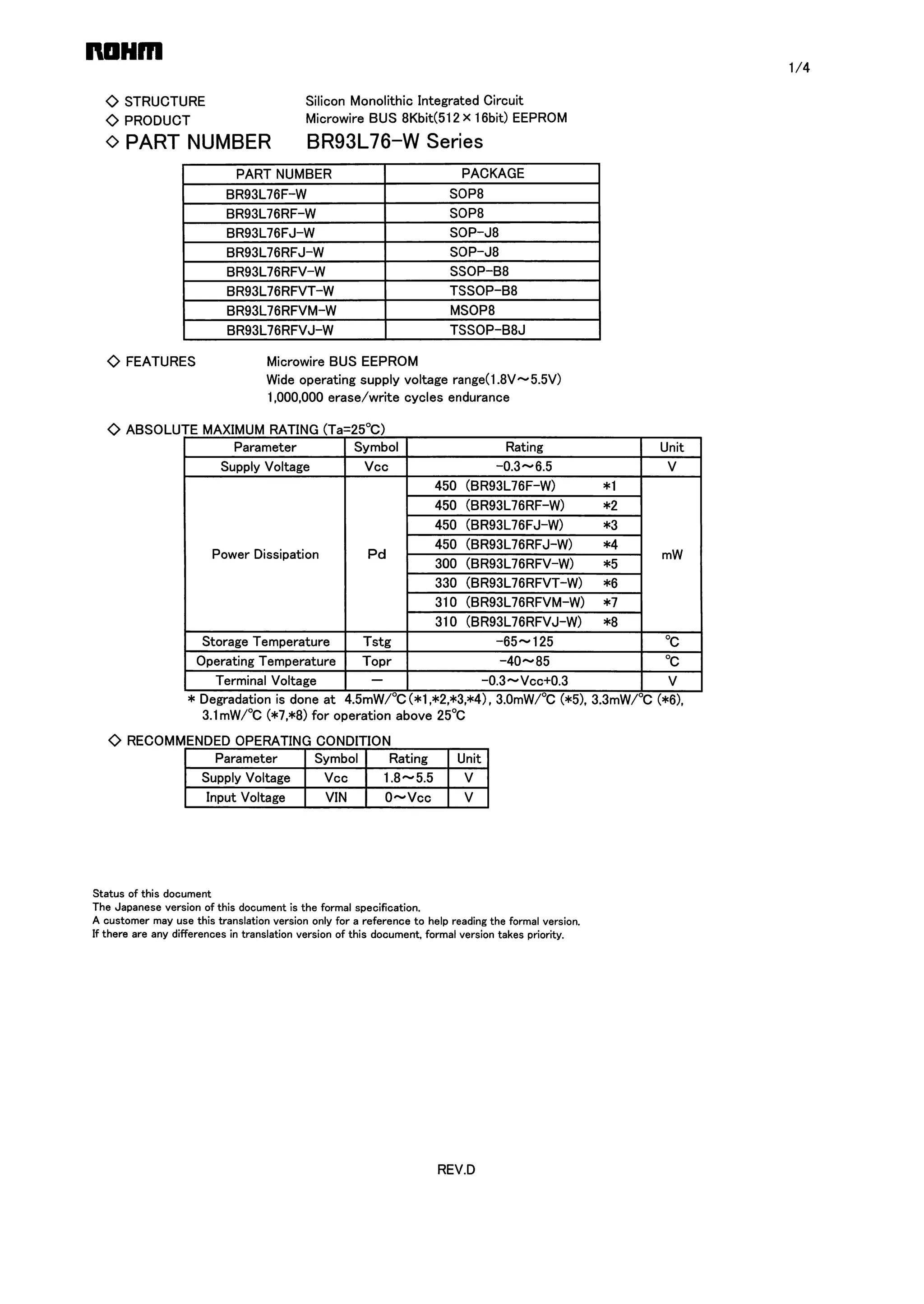 Original EEPROM IC BR93L76RFJ 93L76 RL76 SOP-8 New Rohm | PDF