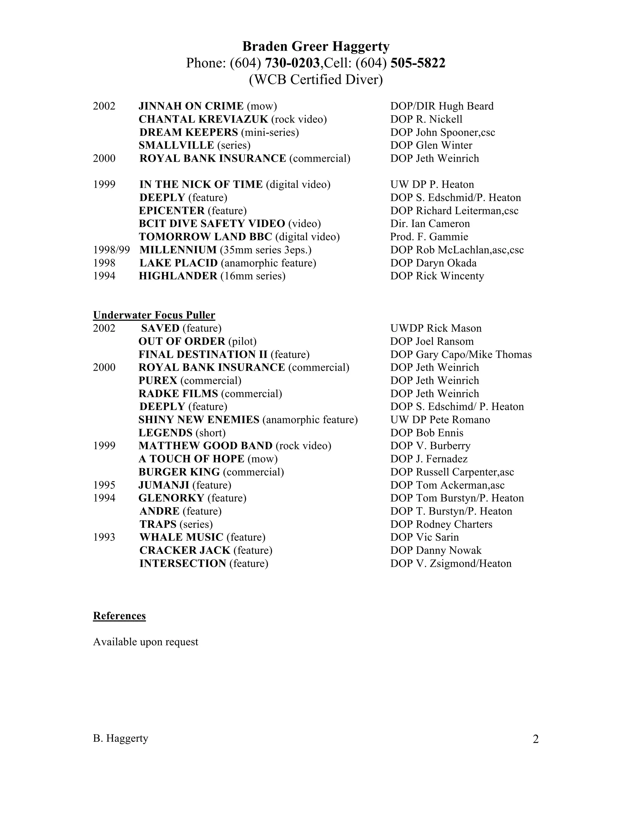 Braden Haggerty Underwater Filming Resume | PDF