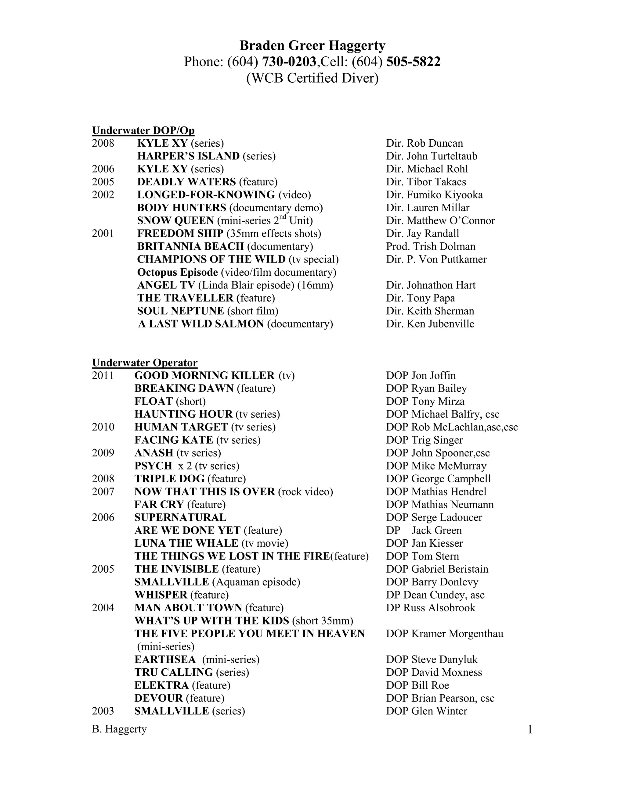 Braden Haggerty Underwater Filmming and Dive/Water Safety Resume | PDF