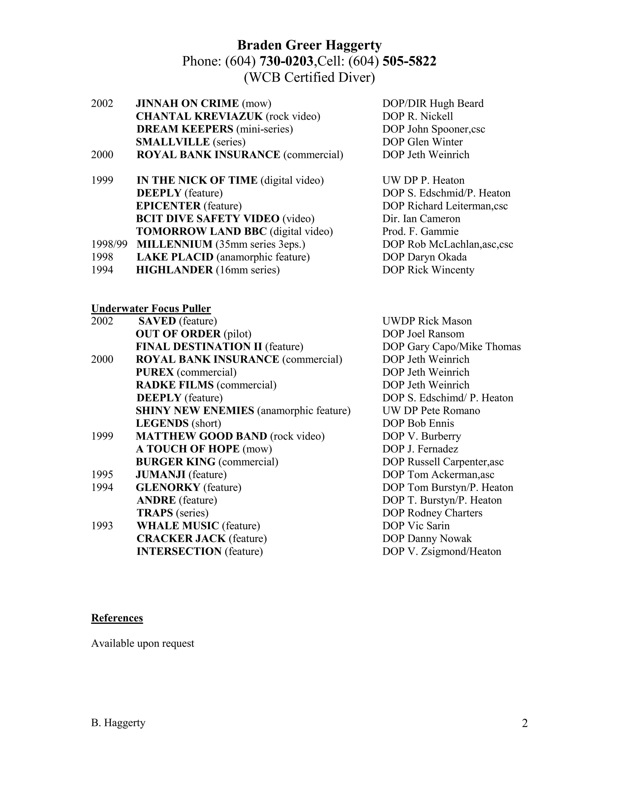 Braden Haggerty Underwater Filmming and Dive/Water Safety Resume | PDF