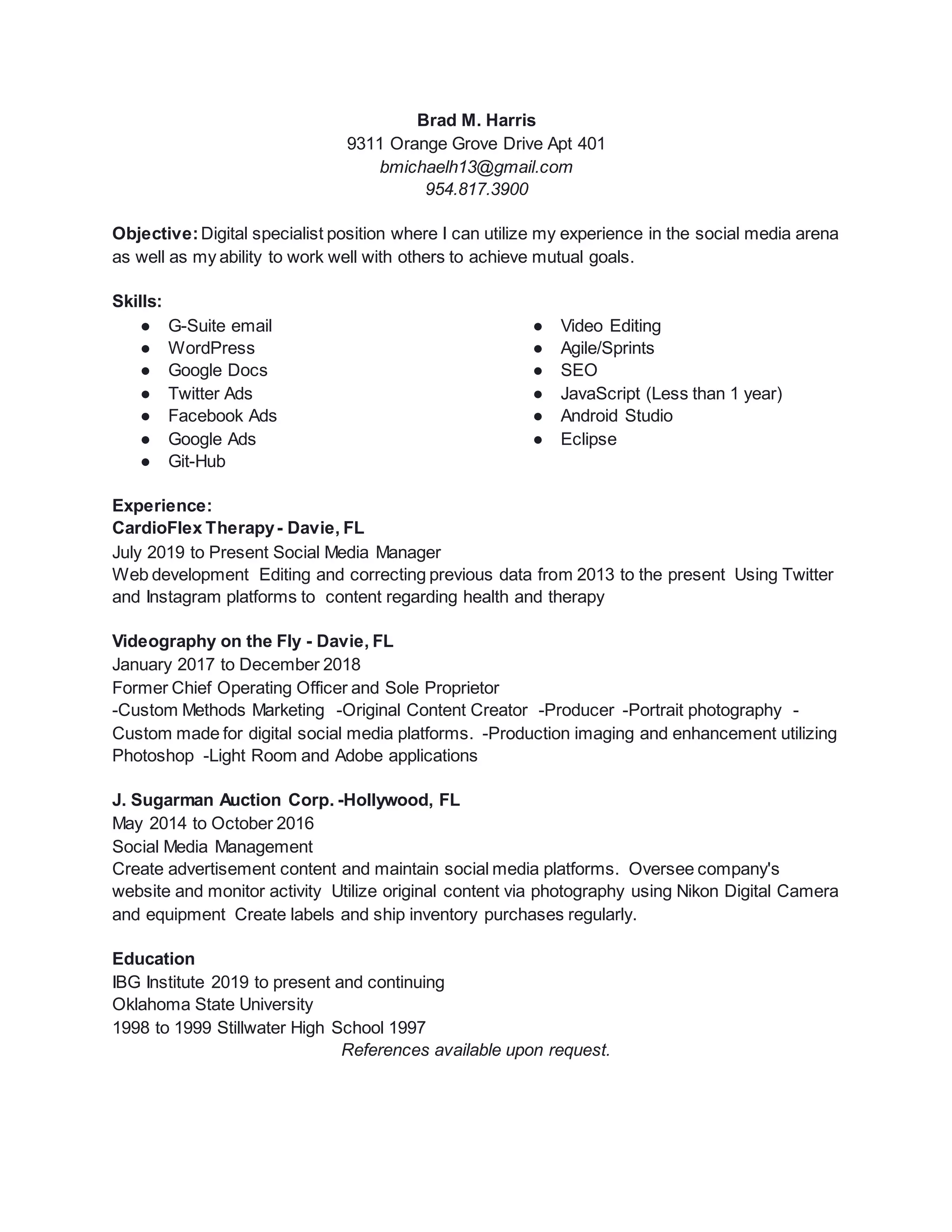 Brad Harris Resume 2019 | DOCX