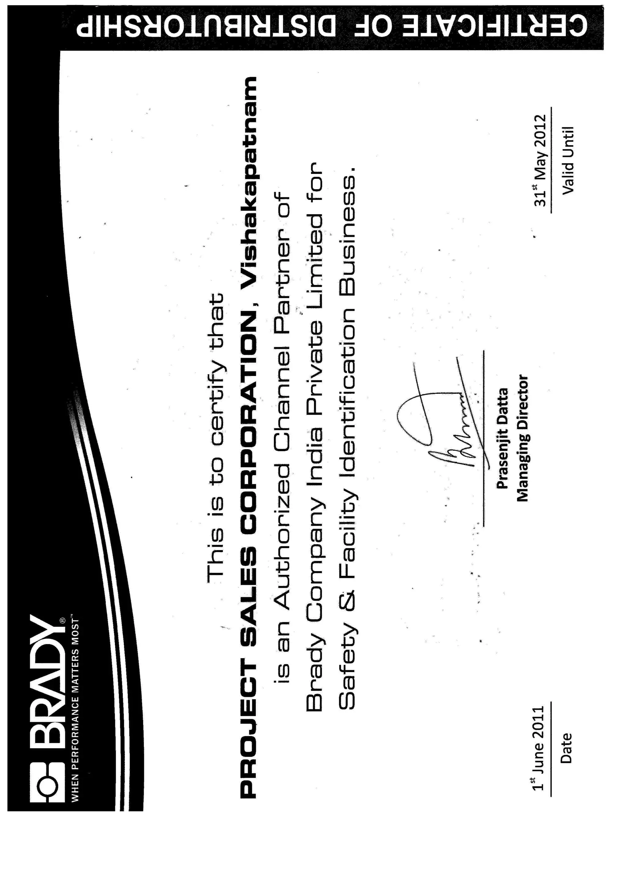Brady Distributorship Certificate for Project Sales Corp | PDF